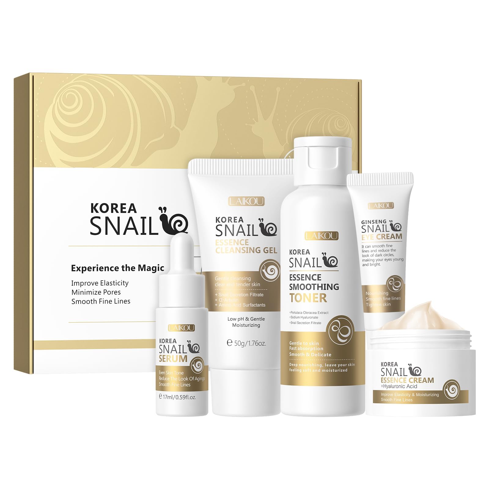 LAIKOU Snail & Ginseng 5-Piece Korean Skincare Set — Cleanser, Toner ...